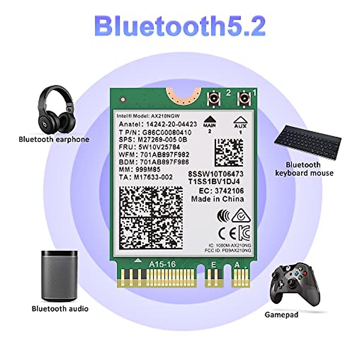 AX210 Card WiFi for Laptop,Wireless Module for Laptop Desktop with Bluetooth 5.2,Wi-Fi 6E AX210NGW 802.11ax Internal Wireless Network Card M.2/ NGFF for Laptop and PC Support Windows 10 11 64bit