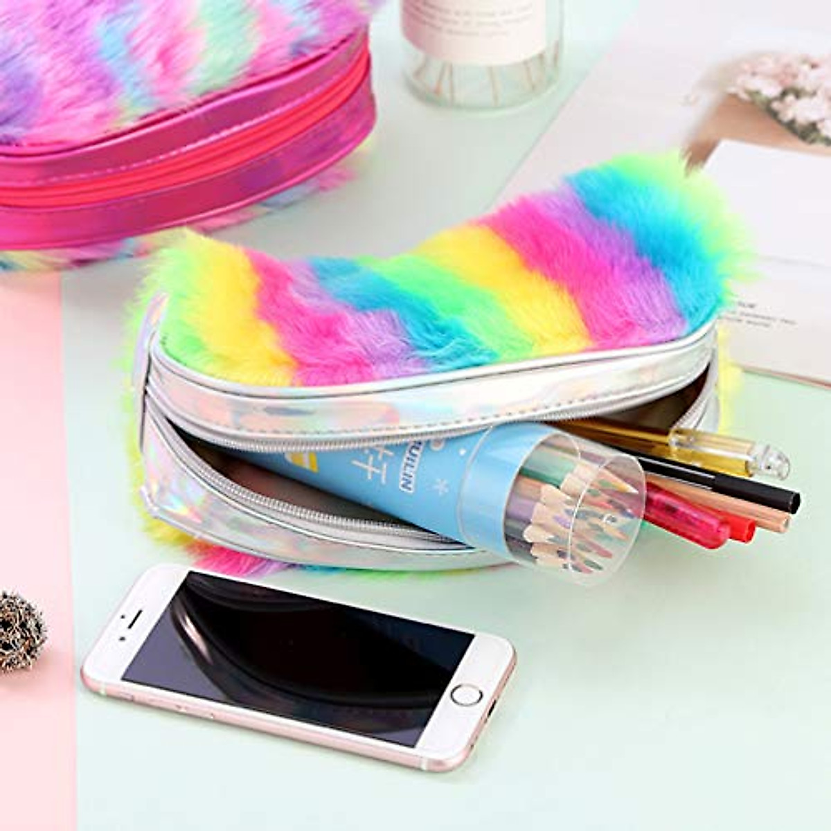 Plush Pencil Case Pen Bag: Zipper Rainbow Pencil Pouch Make Up Cosmetic Bag Stationary Organizers for Girls Boys Home School