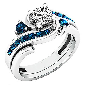 Dazzlingrock Collection 0.95 Carat (ctw) 14K Round Blue And White Diamond Engagement Ring Set 1 CT, White Gold, Size 7.5
