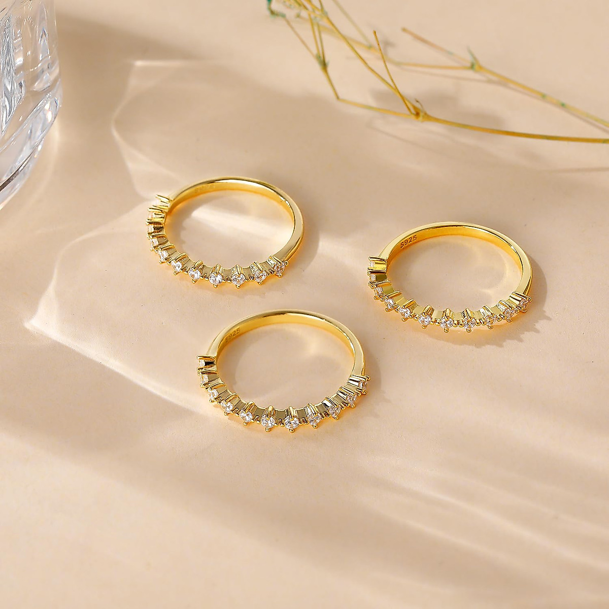 Mameloly 1.8mm 925 Sterling Silver Wedding Bands for Women 14K Gold Plated Stackable Cubic Zirconia Half Eternity Engagement Rings for Her Size 7