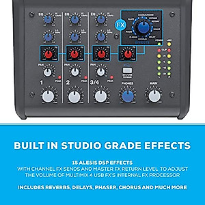 Alesis MultiMix 4 USB FX | 4 Channel Compact Studio Mixer with Built In Effects & USB Audio Interface for Home Studio Recording