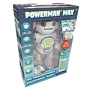 LEXiBOOK Powerman Max - Remote Control Walking Talking Toy Robot STEM Programmable Dances Sings Telling 10,000 Stories 300+ Learning Quiz Shooting Discs and Voice Repeat for Kids 4+ - ROB80EN, White