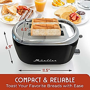 Mueller Retro Toaster 2 Slice with 7 Browning Levels and 3 Functions: Reheat, Defrost & Cancel, Stainless Steel Features, Removable Crumb Tray, Under Base Cord Storage, Black