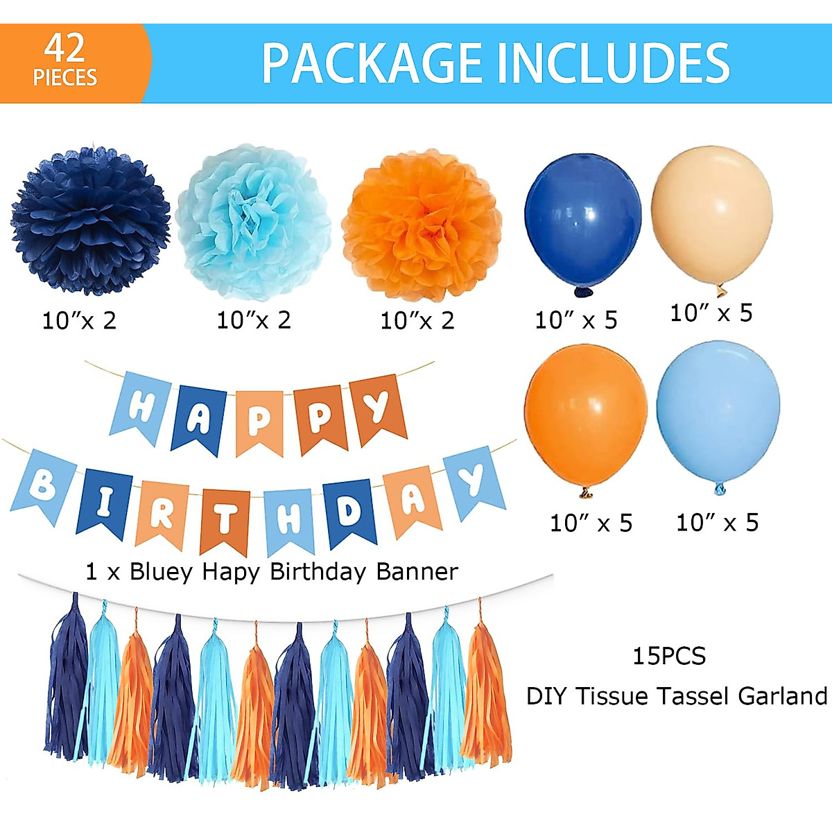 42PCS Navy Light Blue Aqua Orange Blue Dog 1st 2 3 5 Birthday Party Decorations for Boys Girls Balloons Banner Tissue Flower Pom poms Tassel Garland Hanging Backdrop Birthday Nursery Décor