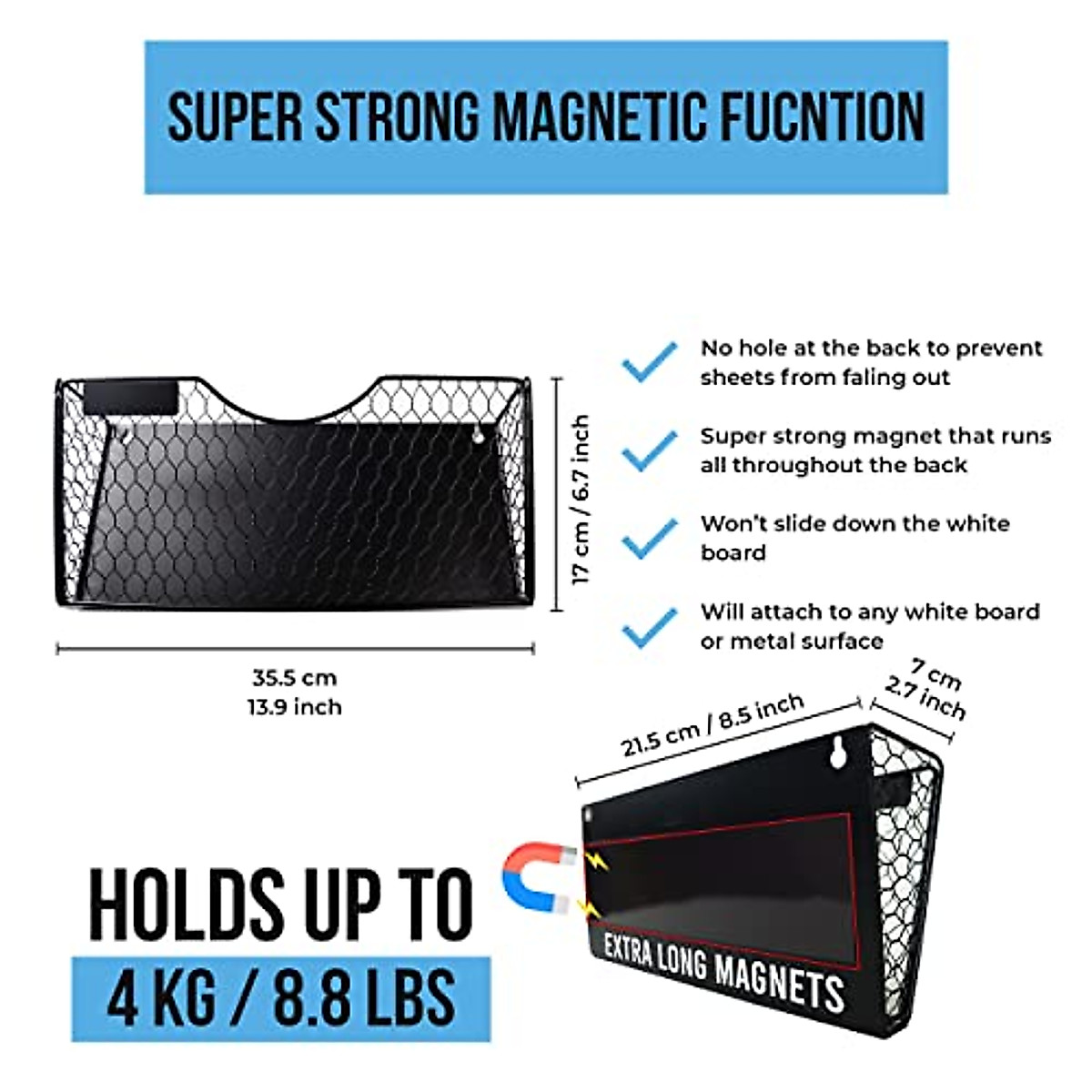 Rejuvet Super Strong 1-tier Magnetic file holder for file cabinets-13.9inch(35.5cm) black magnetic paper holder that holds up to 8.8 Lbs (4kgs). It is a magnetic organizer as well as a magnetic folder holder