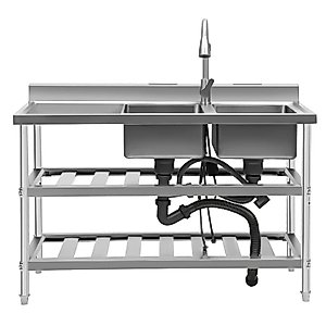Stainless Steel Commercial Kitchen Sink Set, 47.2" x 17.7" x 31.5" Double Kitchen Sinks Free Standing Prep & Utility Restaurant Garage Kitchen Sink for Restaurant, Kitchen