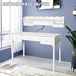 FUNKOCO White Writing Desk with Detachable Hutch& 5 Drawers,Modern Computer Workstation for Home Office,Vanity Table