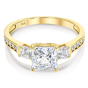Ioka - 14K Solid Yellow Gold 1.5 Ct. Princess Cut 3 Stone CZ Engagement Ring With Stones in Band - Size 9
