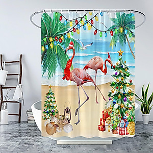 WZFashion Pink Christmas Flamingo Shower Curtain Tropical Ocean Beach Palm Funny Summer Xmas Tree Colorful Balls Holiday Fabric Bath Curtain set with Hook