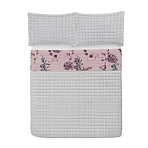 Ambesonne Vintage Floral Reversible Bedspread Set, Nostalgic Botanical Garden Artwork of Floral Blossoms and Branches, Pillow Shams & Comforter Microfiber Bedding Set, King Size, Grey Pink Cadet Blue