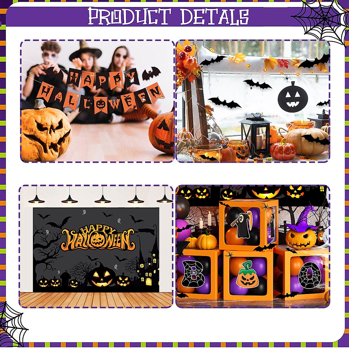 Fiesec Halloween Party Decorations, Happy Boo Day Party Decorations, Happy Halloween Outdoor Indoor Yard Home Room Decor, Backdrop Banner Balloon Spider Web Boxes Cutout Bat Ghost