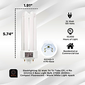SLEEKLIGHTING 32 Watt T4 Tri Tube CFL 4 Pin GX24Q-3 Base Light Bulb 2700K 2030lm - Compact Fluorescent -Warm White Light 4pack
