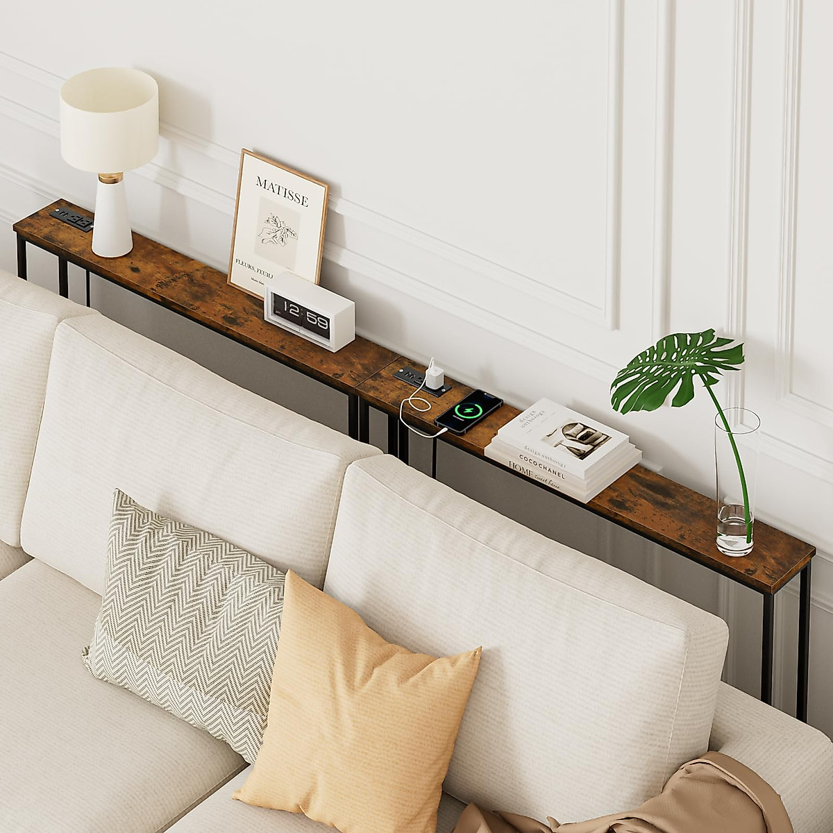 Masupu 5.9" Skinny Console Table with Power Outlet,Modern Narrow Sofa Table Behind Couch,Skinny Entry Table with Gold Metal Frame for Entryway,Living Room, Hallway,Marble White