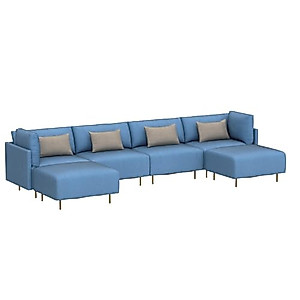 Linen Upholstered 6 Seats U Shaped Modular Sofa Modern Convertible Sectional Sofa Couch with Reversible Chaise Lounge and 4 Pillows L Shaped Couch Extra Wide Seat for Living Room Apartment 143” Blue