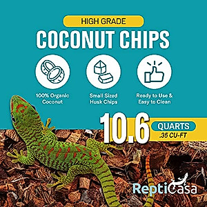 ReptiCasa Organic Coconut Chips Substrate Clean & Ready to Use for Reptiles, Snake, Tortoise, and Amphibian, Natural Fiber Free Husks, Clean Breeding and Bedding Flooring, Odor Absorbing – 10.6 Quarts