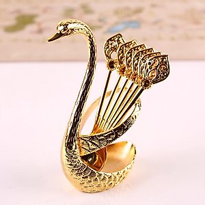 4.8 in Coffee Spoon Set With Holder, Swan Spoon And Fork Holder, Gold Durable Spoons Coffee Station Storage Organizer For Home Kitchen Christmas Universal Gift(Gold)