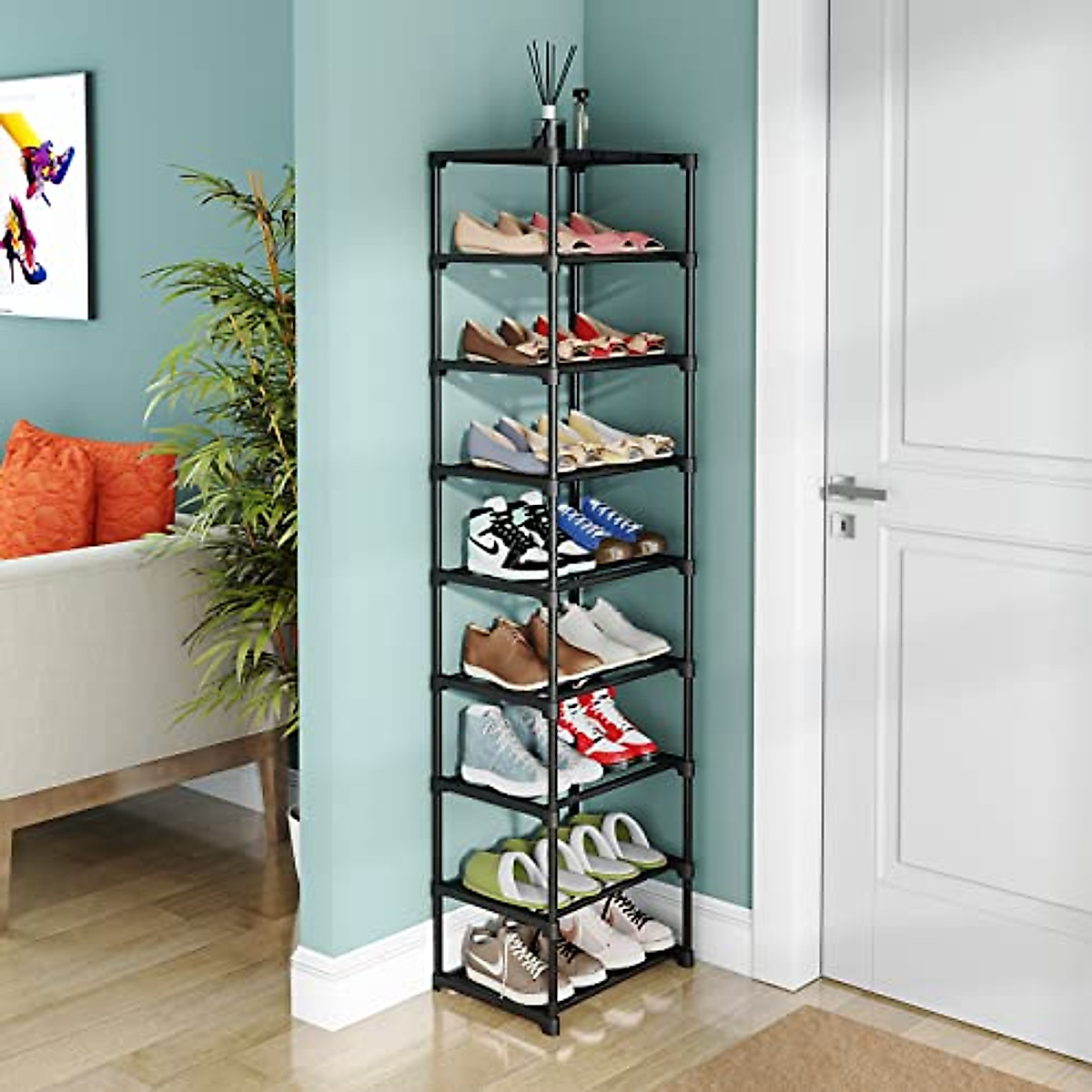 Tribesigns Shoe Rack, 9 Tiers Tall Shoe Rack for Entryway 18 Pairs Shoes and Boots Storage Shelf, Stackable and Narrow Vertical Shoe Organizer for Closet, (Black, 17.32"x 12.2"x64.96")