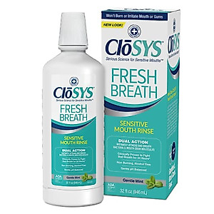 CloSYS Sensitive Mouthwash, 32 Ounce, 2 Count, Gentle Mint, Alcohol Free, Dye Free, pH Balanced, Helps Soothe Mouth Sensitivity, Fights Bad Breath
