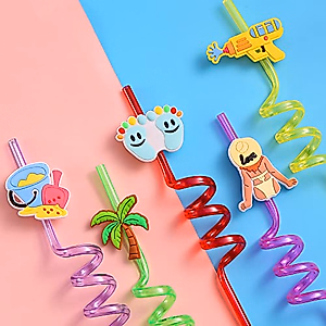 24 Summer Party Favors Reusable Drinking Straws for Kids Beach Pool Summer Birthday Party Supplies Decorations with 2 PCS Cleaning Brushes