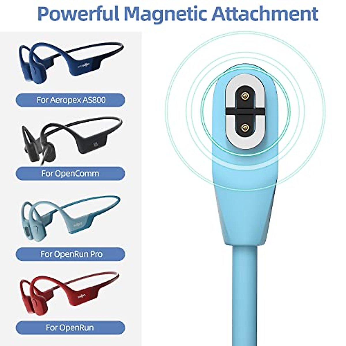 2Pack Replacement Charging Cable for AfterShokz Aeropex AS800 & Shokz OpenRun Pro & OpenRun & OpenRun Mini & OpenComm, Magnetic USB Charger Cord for AfterShokz Aeropex Bone Conduction Headphones, Blue