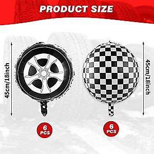 12 Pieces Black and White Checkered Balloons, Race Car Balloons Car Wheel Balloons Tire Balloons Aluminum Foil Checkered Flag Balloons for Racing Theme Birthday Party Decoration Supplies 18 Inch