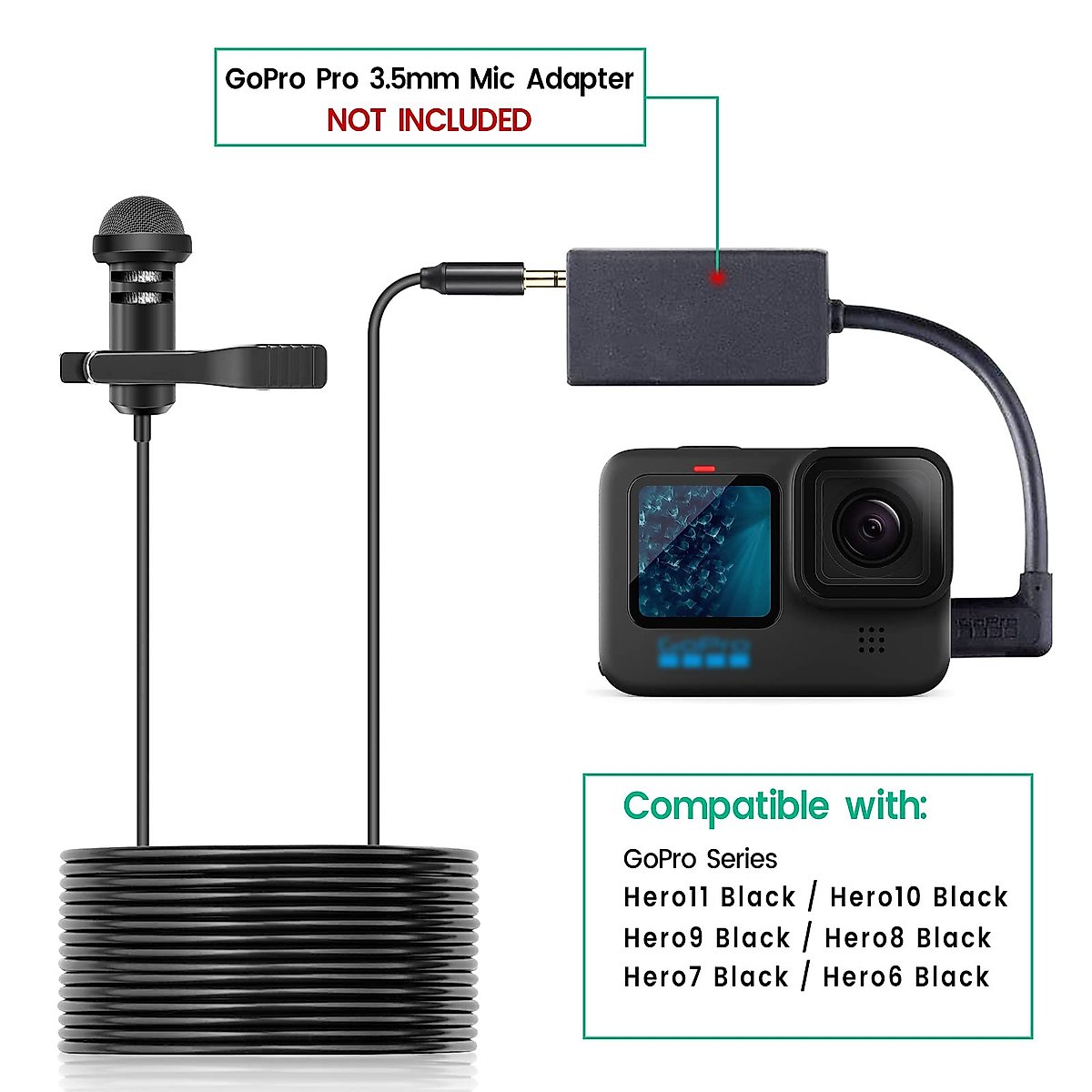 weishan Lavalier Mic Compatible with GoPro HERO11 Black, HERO10，HERO9 Action Cameras, Media Mod, Max - Lapel Microphone 3.5mm, 10ft