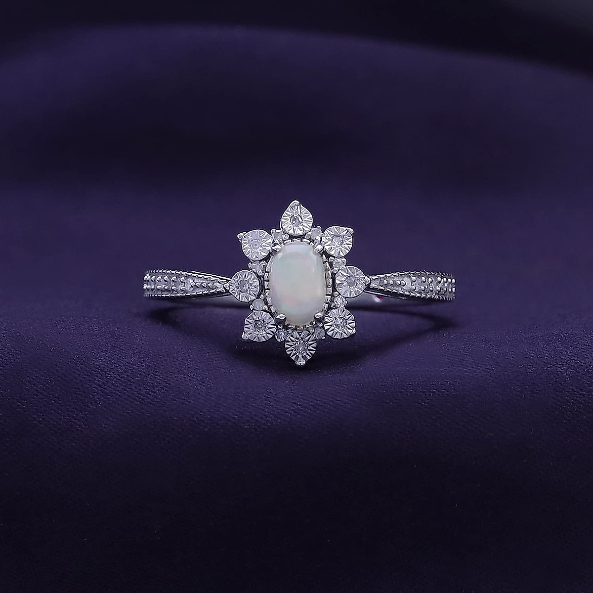 GEMVIO Collection 1/2 CT 6X4MM Oval Cut Natural White Opal Gemstone With Diamond Sunburst Frame Vintage-Style Halo Ring In 14K White Gold Over Sterling Silver Engagement Wedding Ring(0.50Cttw)-9