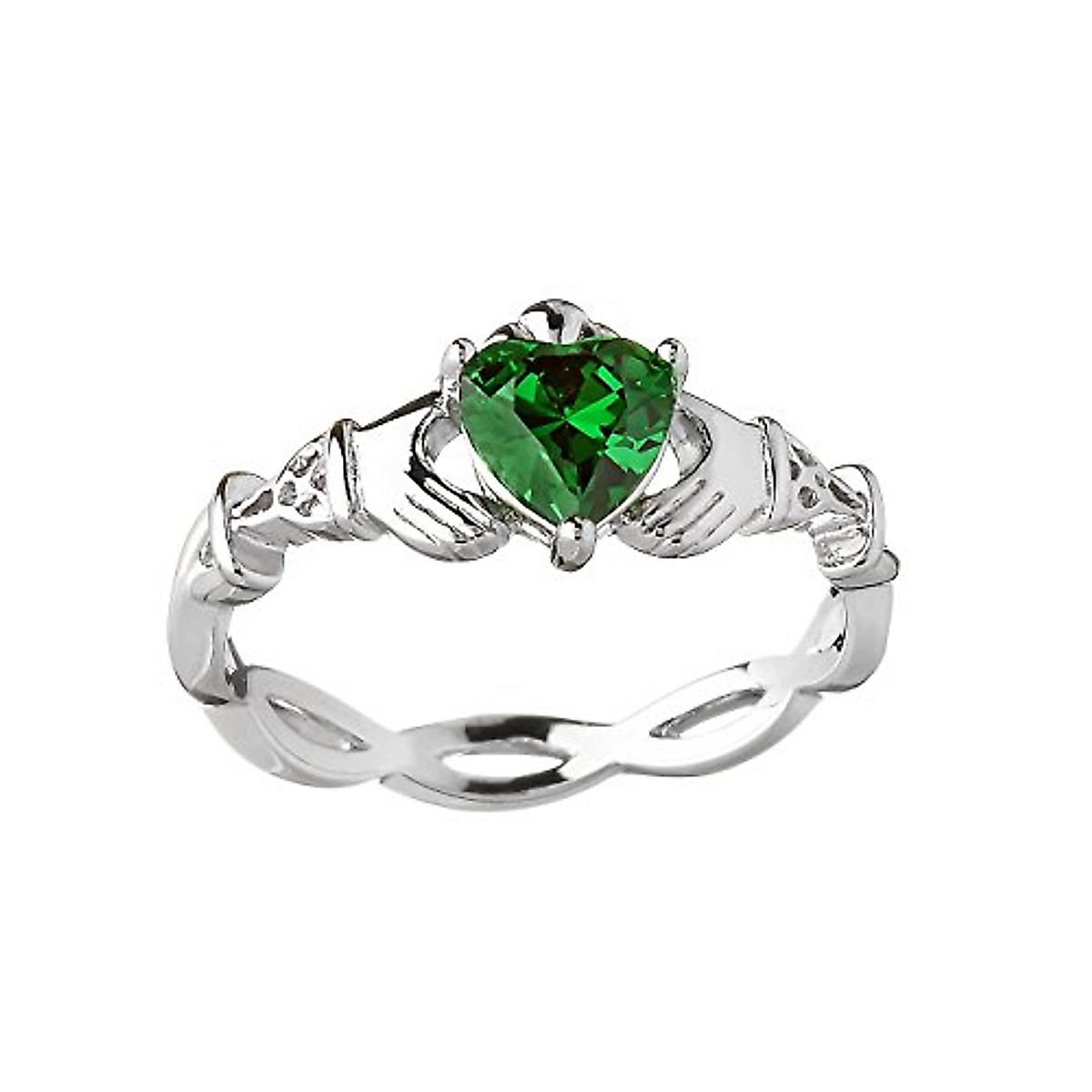 Claddagh Ring For Women Made In Ireland 925 Sterling Silver with Brilliant Green Cubic Zirconia Heart Woven Band Detail Made by Irish Artisan Jewelers, Size 6.5
