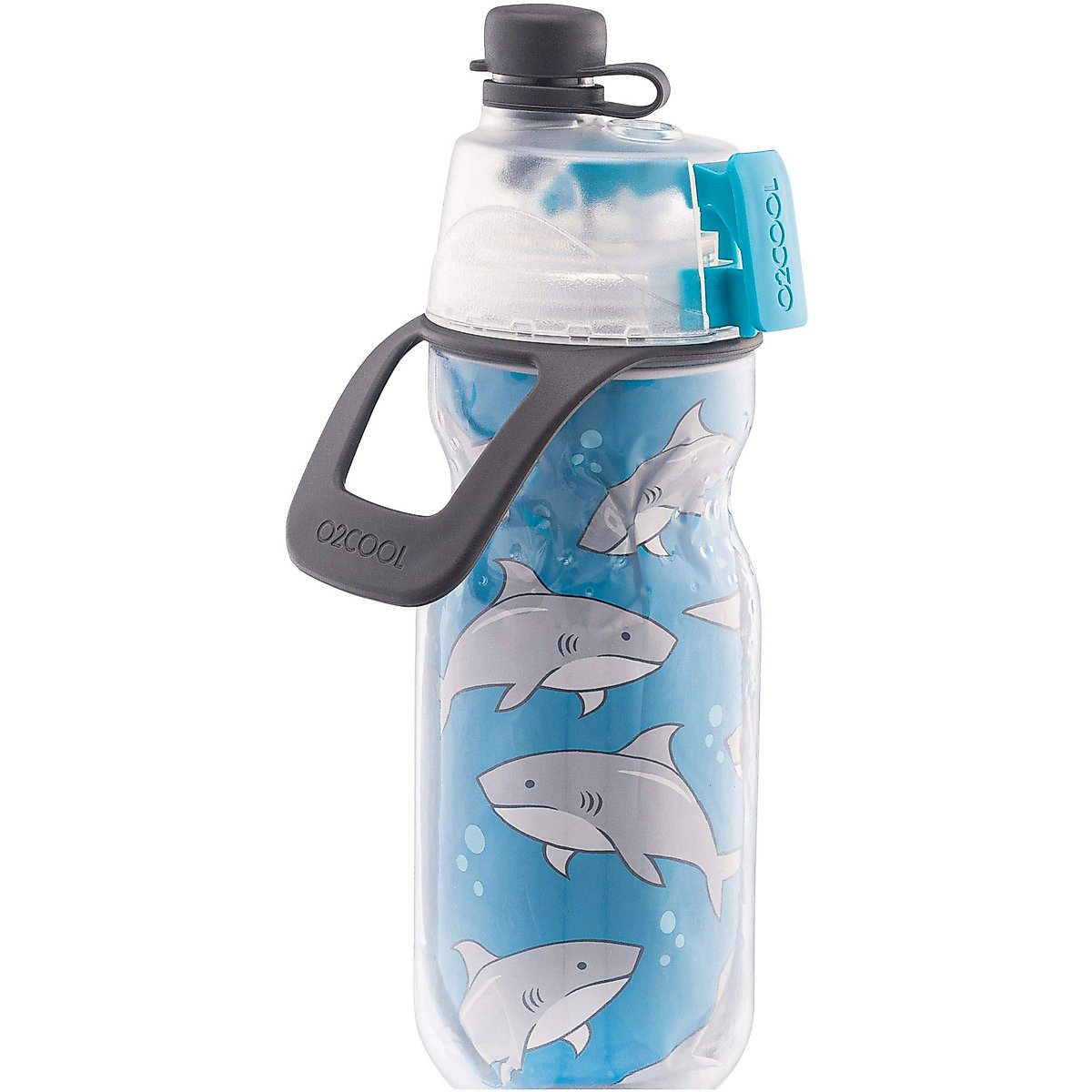 O2COOL Mist 'N Sip Kids Misting Water Bottle 2-in-1 Mist And Sip Function With No Leak Pull Top Spout 12oz (Sharks)