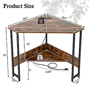 GOFLAME Corner Desk with Power Outlet, Triangle Computer Desk for Small Space, Space-Saving Writing Desk with Storage Shelf and Charging Station, Modern Laptop PC Desk for Home Office (Rustic Brown)