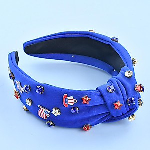 ABONDEVER Patriotic Rhinestone Knotted Headband Headbands for Women Crystal Wide American Flag Top Knot Headband 4th of July Independence Day Hair Accessories Holiday Gifts(Blue-Star)
