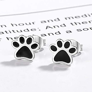 925 Sterling Silver Paw Earrings for Women - Cute Tiny Jewelry Black Enamel Puppy Dog and Cat Paw Print Stud Earrings for Pet Lovers