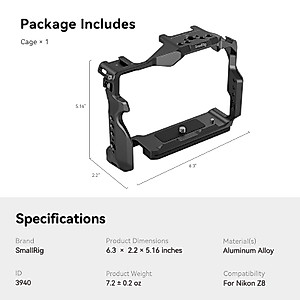 SmallRig Z 8 Camera Cage for Nikon Z 8, Anti-Twist Design and Aluminum Alloy Full Camera Cage, with Quick Release Plate for Arca-Swiss for Bird Shooting, Sports Shooting, Commercial Filming 3940