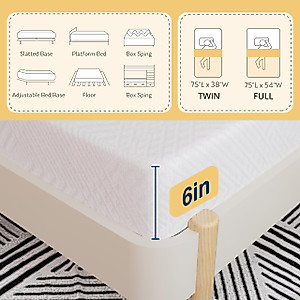 EGOHOME Full Mattress for Kids, 6 Inch Green Tea Gel Cooling Memory Foam Bunk Bed Mattress in a Box, Made in USA CertiPUR-US Certified, Medium Firm Trundle Mattress, White