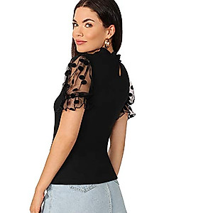 Romwe Women's Summer Short Sleeve Mock Neck Casual Blouse Tops Mesh Black Small