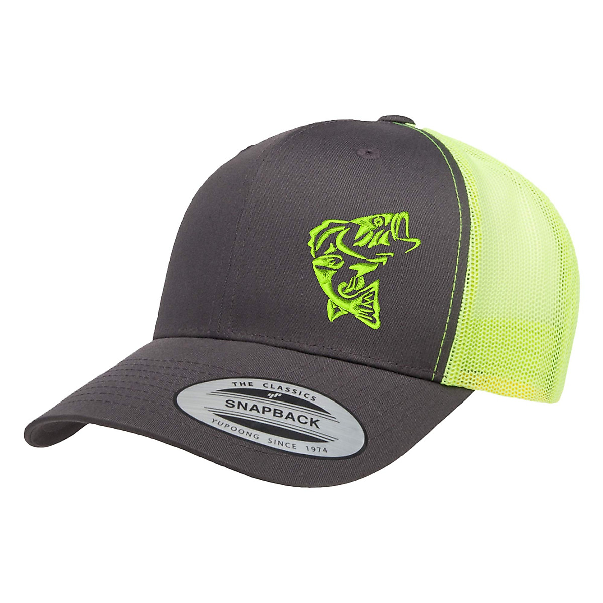 Love Sketches Embroidered Fishing Jumping Bass Trucker Snapback Cap Mesh Back Men and Women (Charcoal/Neon Green)