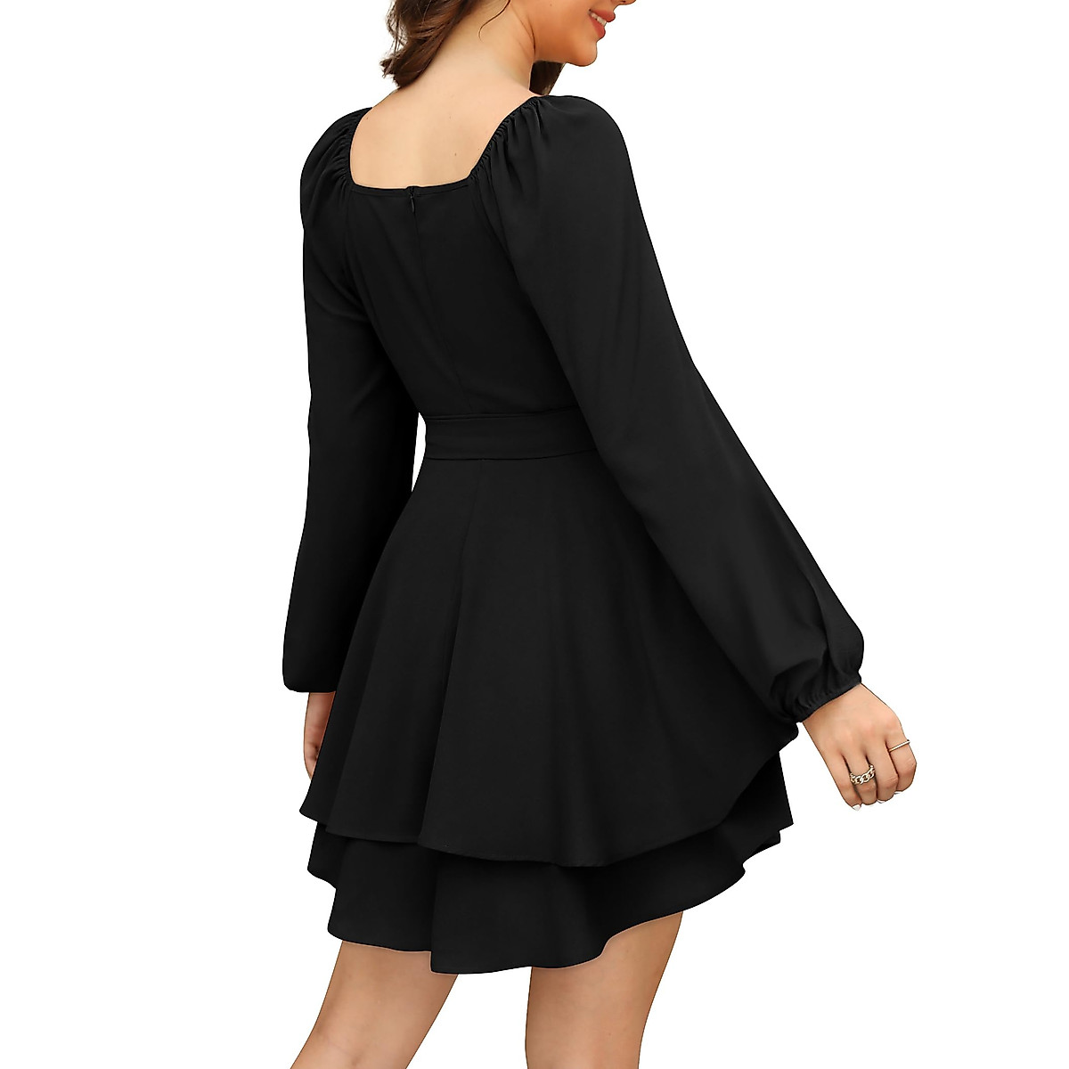 Womens Black Long Sleeve Dresses Mini Square Neck Semi Formal Funeral HOCO Fall Outfits XL