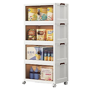 Tykacna 4-Tier Stackable Storage Bin with Lid, Folding Storage Bin with Magnetic Doors and Wheels, 42 QT Per Tier Plastic Closet Organizer, Closet Storage Container for Home and Office.