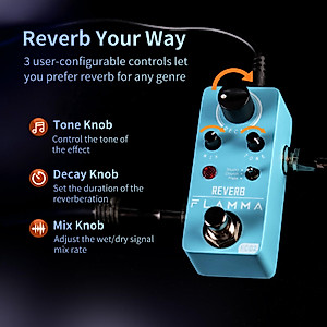 FLAMMA FC02 Mini Reverb Pedal Digital Guitar Pedal with 3 Reverb Effects Church Plate Studio True Bypass
