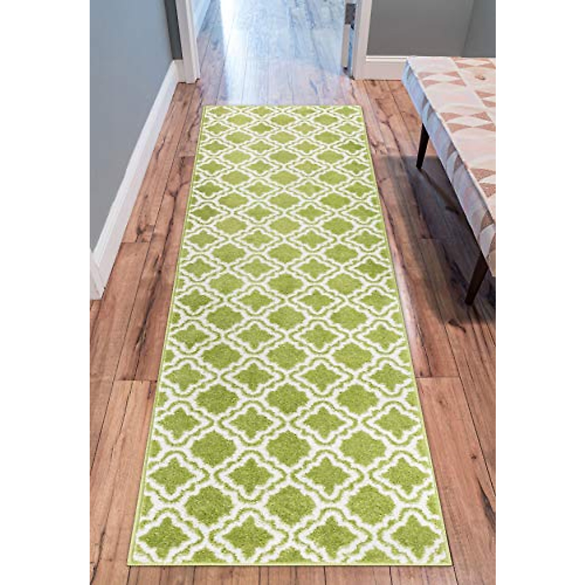 Modern Rug Calipso Green Lattice Trellis Accent Area Rug Entry Way Bright Kids Room Kitchn Bedroom Carpet Bathroom Soft Durable Area Rug (2'3" x 7'3" Runner)