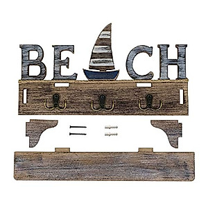 SAILINGSTORY Beach Wall Decor, Beach Sign Key Holder for Wall Mounted Coat Rack with Shelf, Beach Decor Nautical Decor Key Hook for Wall with Shelf