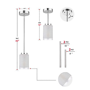 Youroke 2-Pack Pendant Light Fixtures, Indoor Brushed Nickel Kitchen Island Hanging Lights Adjustable Vintage Lamp, Mini Pendant Lights with Linen Glass Shade for Living Room Bedroom Hallway