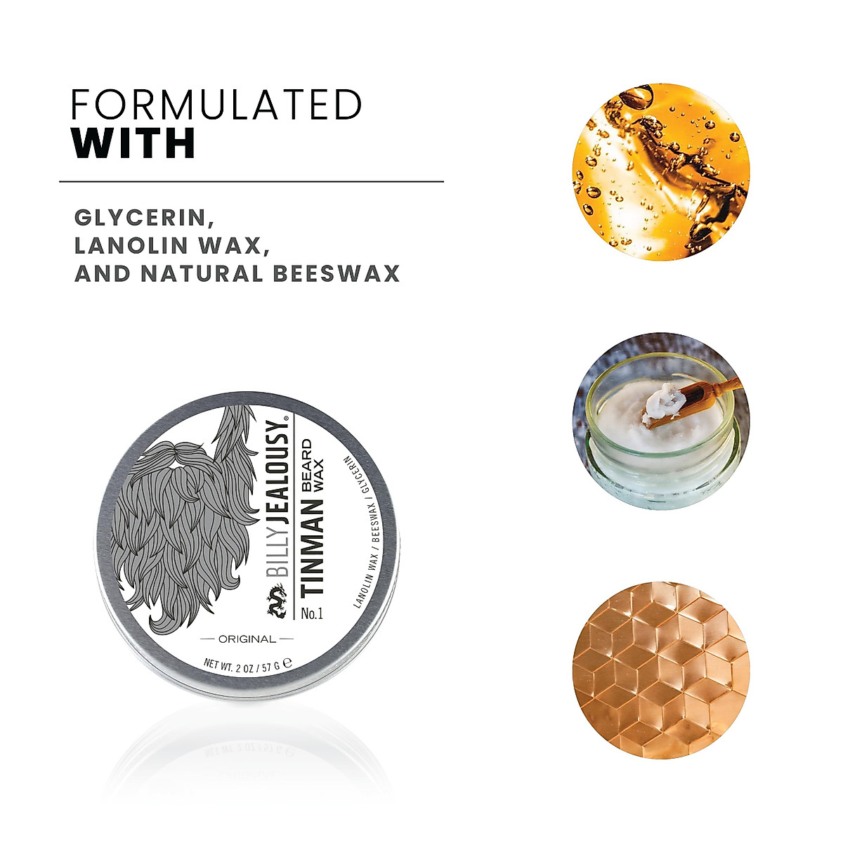 Billy Jealousy Tinman Beard Wax with Light Hold & Matte Finish, Nourishing Beard Care Product Formulated with Natural Beeswax & Glycerin for Soft, Tamed Facial Hair, 2 Oz