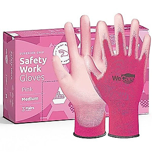 Pink Small Working Gloves with PU Coating - 3 Pairs of Safety Work Gloves - Good for Construction, Roofing, Landscaping, Warehouse, Carpenter, Electric Work