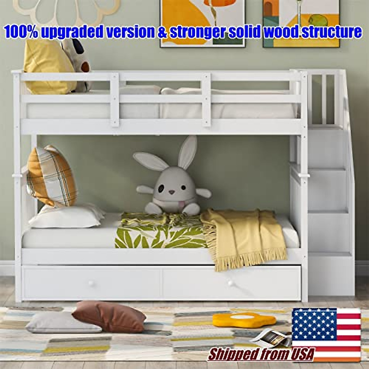 SNIFIT Upgraded Version & Stronger Solid Wood Convertible Bunk Bed Full Over Full with Trundle & Storage Shelves & Stairs, Thickened Reinforced Full Over Full Size Bunkbed (Easier Assembly) (White)