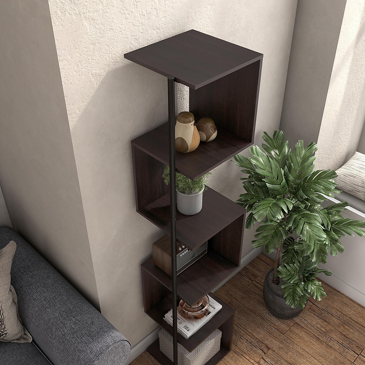 HOMES: Inside + Out Svenja Modern Style 60 in. Tall Corner Book Shelf Stand, 5 Tier Shelving Unit with Circular Metal Support, Living Room Bedroom Decor Aesthetic Wall Accessories, Espresso