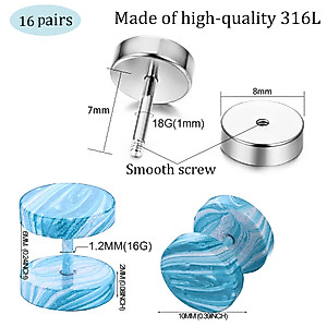 FIBO STEEL 16 Pairs Fake Gauge Earrings for Men Women Stainless Steel Stud Earrings Cheater Ear Plug Faux Gauges Earrings Ear Tunnel