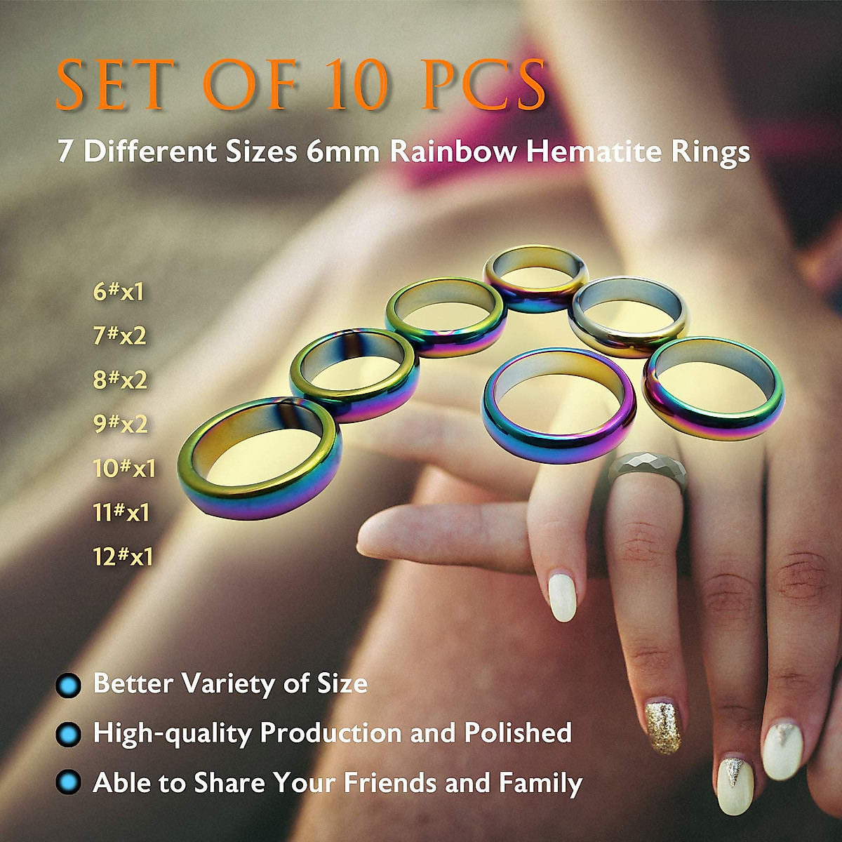 Morchic 10Pcs Rainbow Hematite Stone Band Rings for Women Men Unisex, 6mm Thick (Pack of Mixed Size)