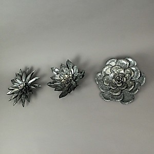 Zeckos Set of 3 Galvanized Metal Flower Wall Hanging Sculptures Home Decor Floral Art 10 Inches High - Nature Accents for Country or Farmhouse - Easy Install