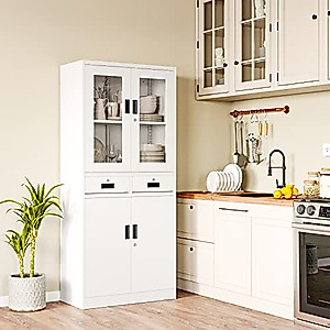 PEUKC Kitchen Pantry Cabinet, 71" Freestanding Kitchen Pantry Storage Cabinet with Drawer and Adjustable Shelves, Metal Tall Pantry Cabinet Cupborad with Glasses Doors, White